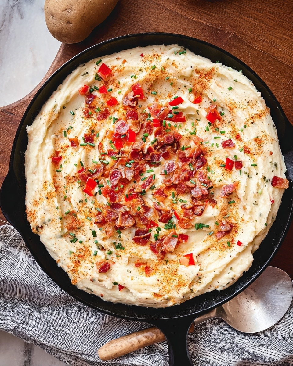 Loaded Cheesy Mashed Potatoes in a Cast Iron Skillet | Delicious Comfort